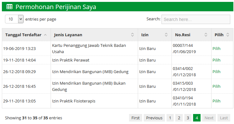 Tombol "Pilih" digunakan untuk mencari permohonan perijinan yang sudah ...